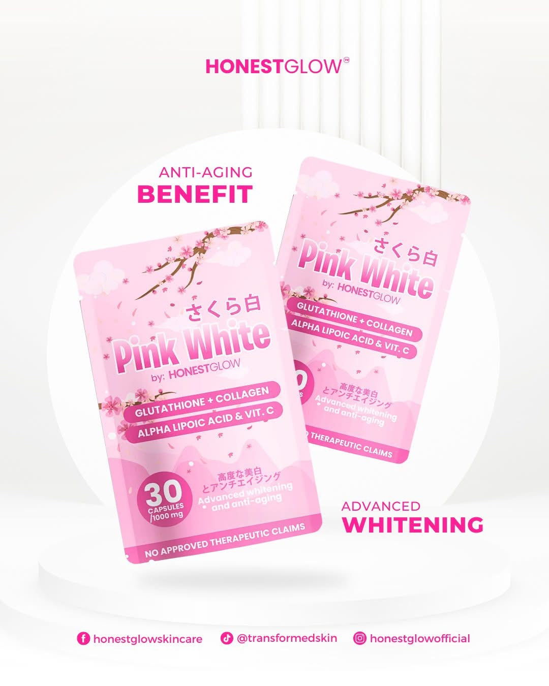 Honest Glow Pink White (Glutathione + Collagen) by Transformed Skin 30 ...