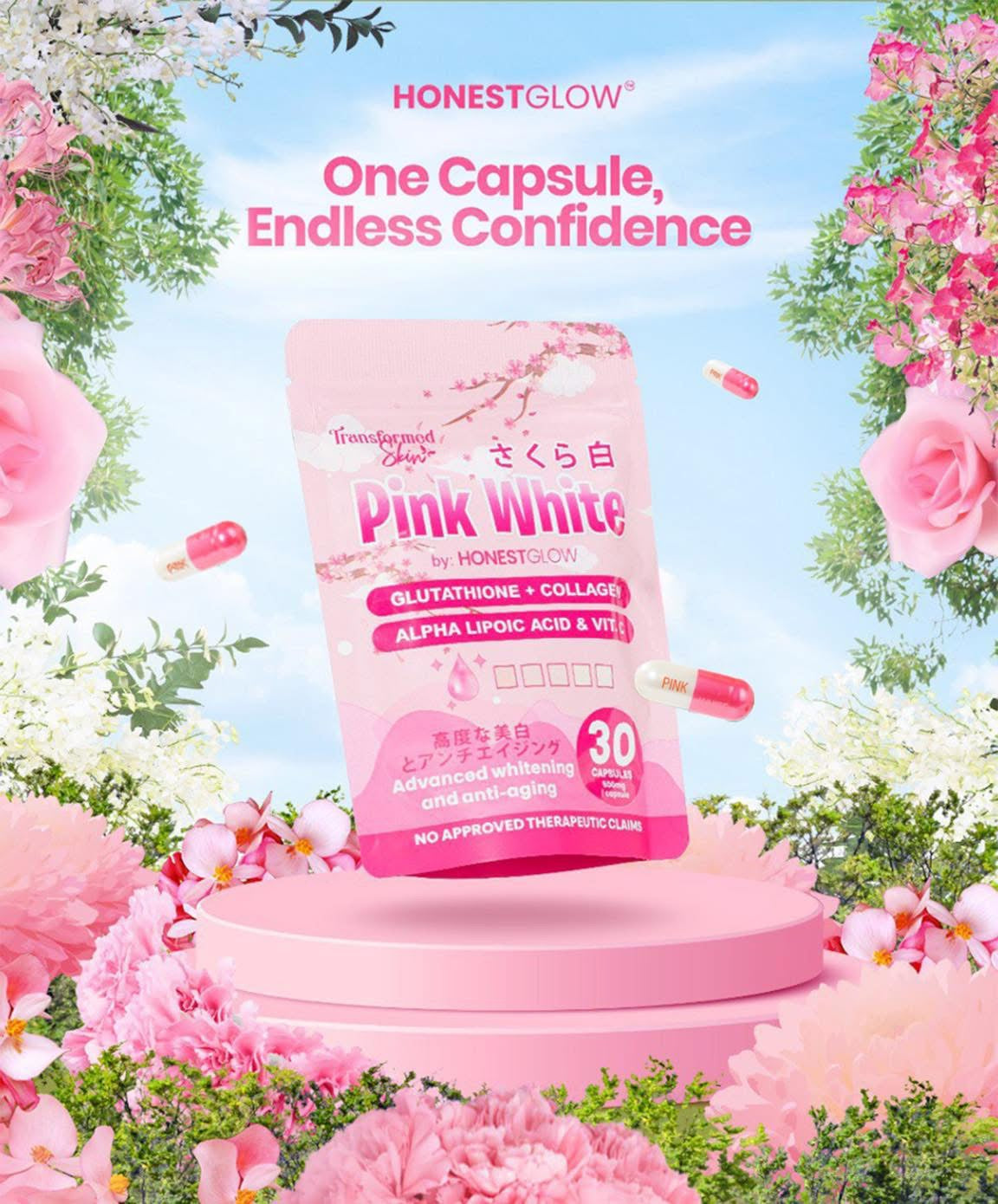 Honest Glow Pink White (Glutathione + Collagen) by Transformed Skin 30 ...